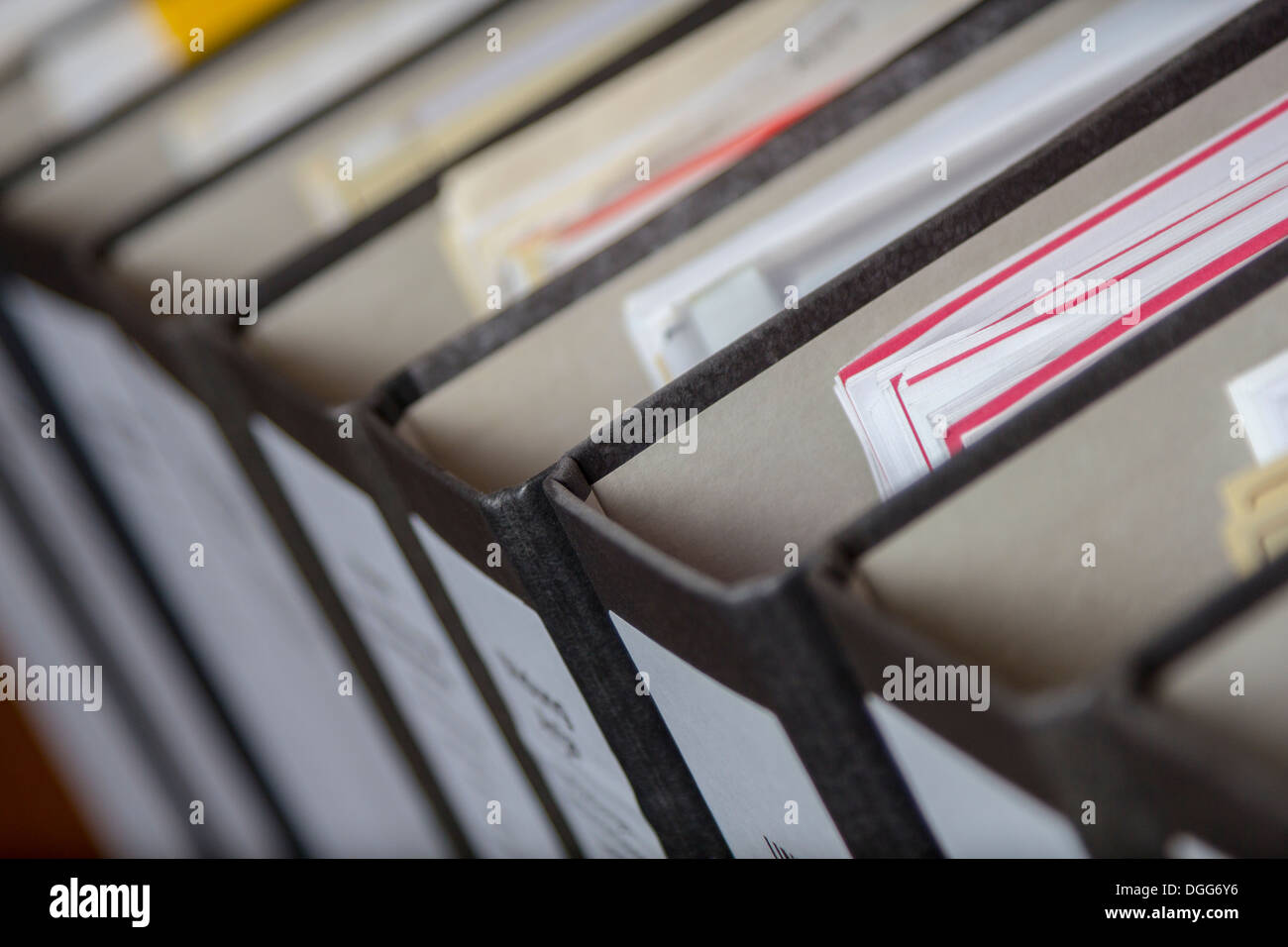 A Row of binders with sheets and files in an office archive, shallow ...