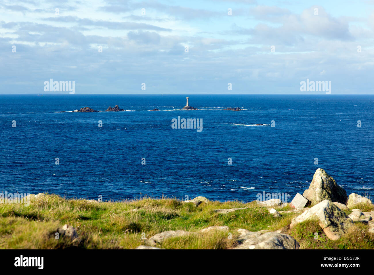 Longships lighthouse and Cornwall coast at Land`s End England on the ...