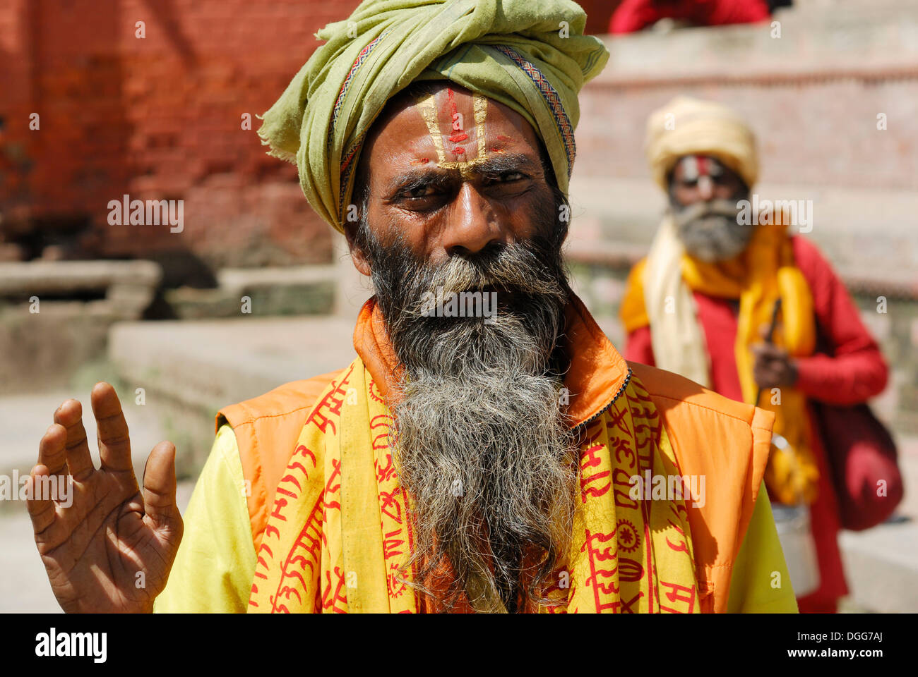 Holy men, Sadhus, with long beards, Durbar Square, Kathmandu, Nepal ...