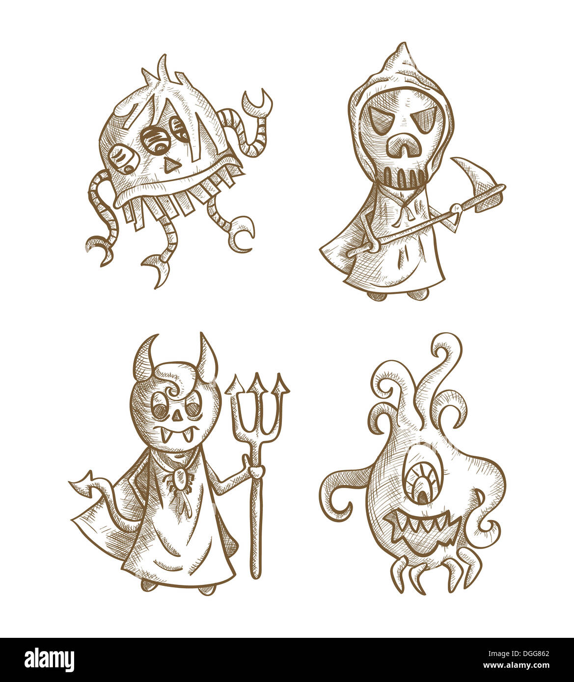Halloween classic monsters isolated spooky hand drawn creatures set ...