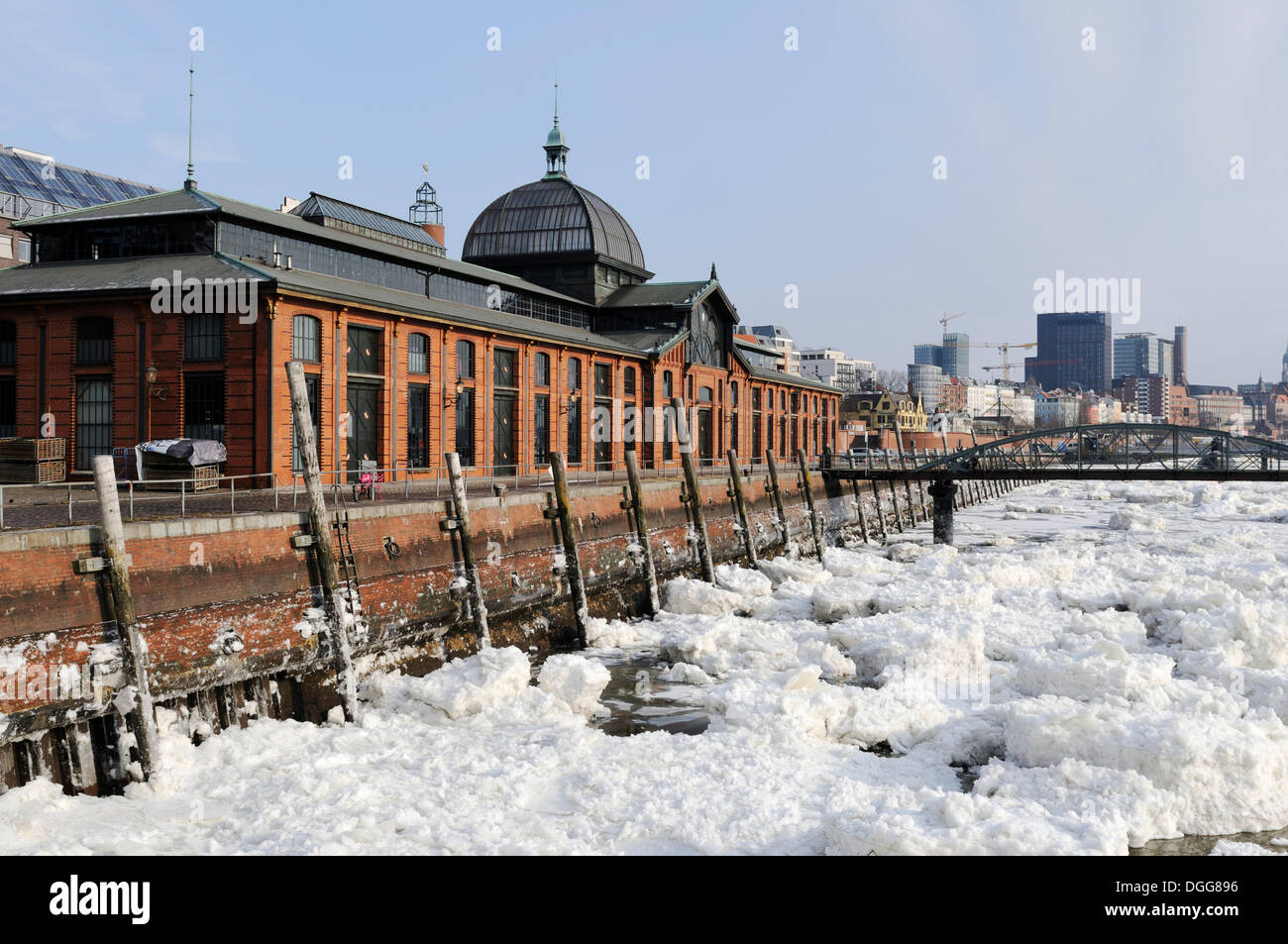 Old fish market auction hall with bridge, fish market, pack ice, Port ...