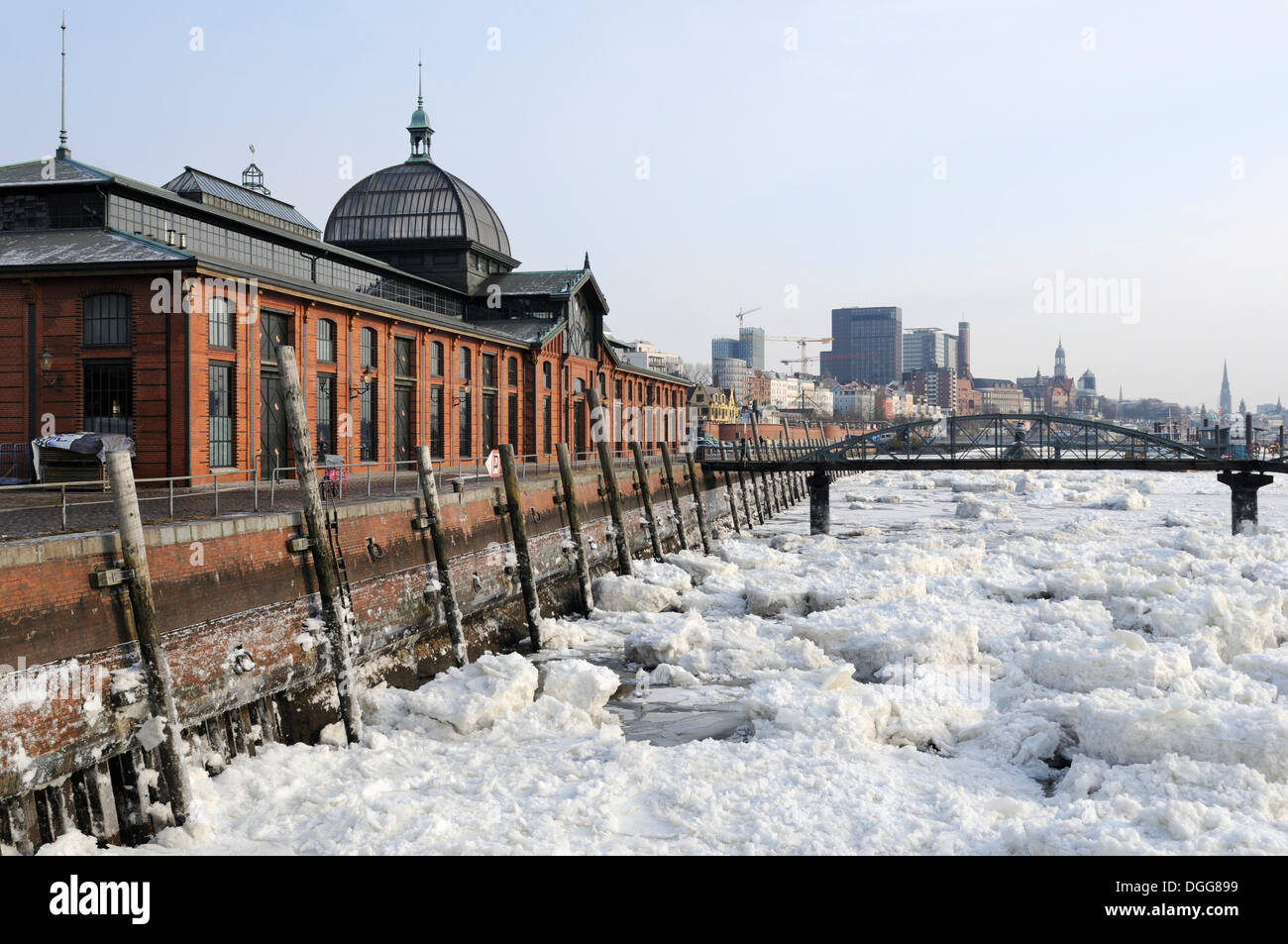 Old fish market auction hall with bridge, fish market, Port of Hamburg ...