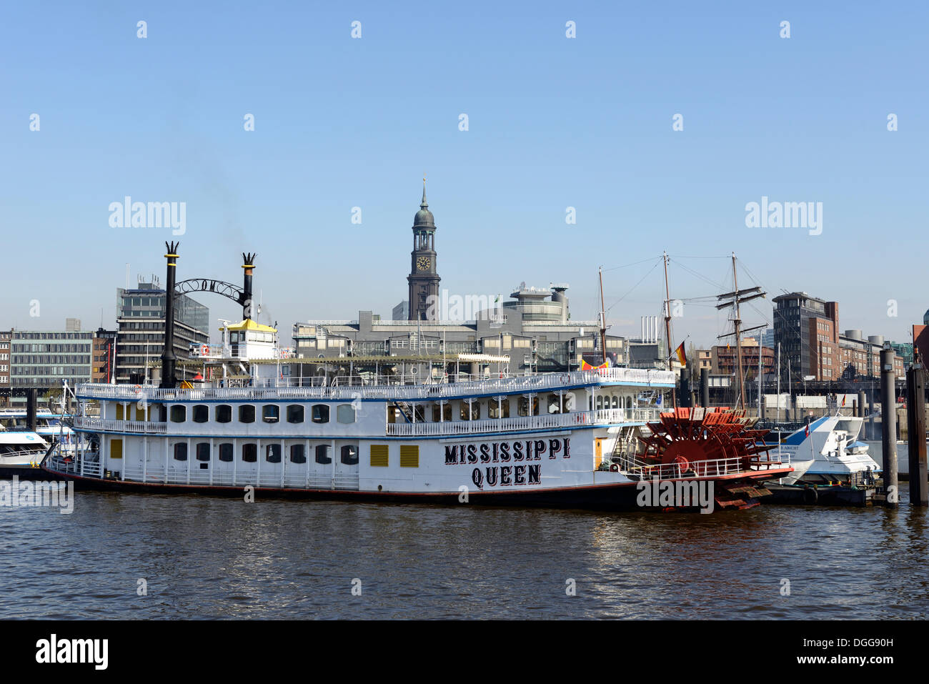 Mississippi Queen paddle steamer, St. Michaelis Church, Port of Hamburg ...
