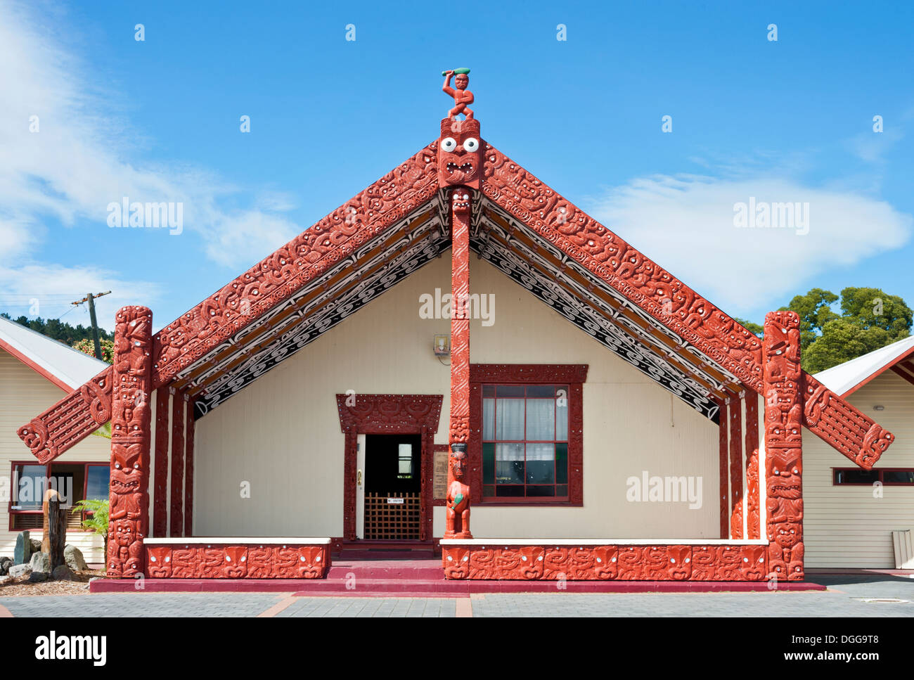 Whakarewarewa, Rotorua, North Island. Whare Tipuna, the lavishly carved ...