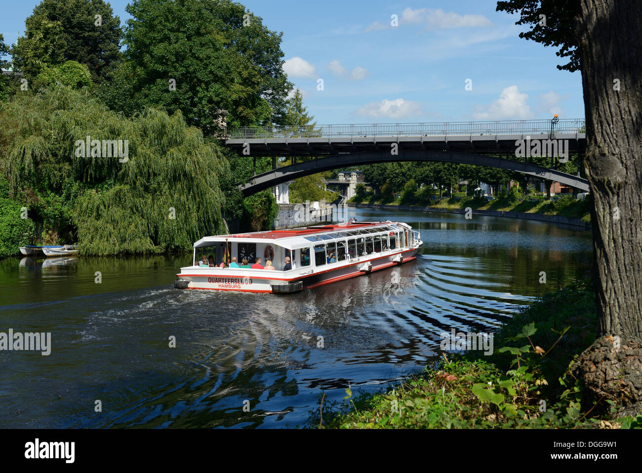 Excursion boat on the Alster river, Leinpfad walkway, Alster river ...