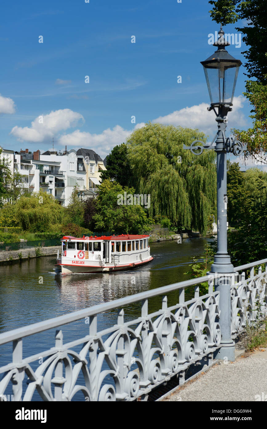 Excursion boat on the Alster river, Leinpfad walkway, Alster river ...