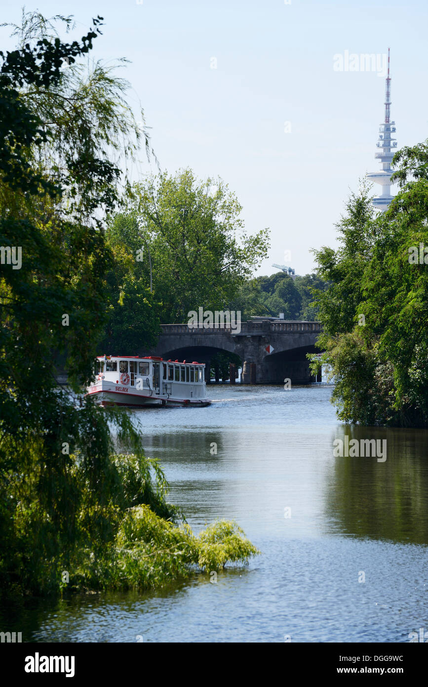 Alster river steamer on Osterbekkanal canal near the Muehlenkamp pier ...