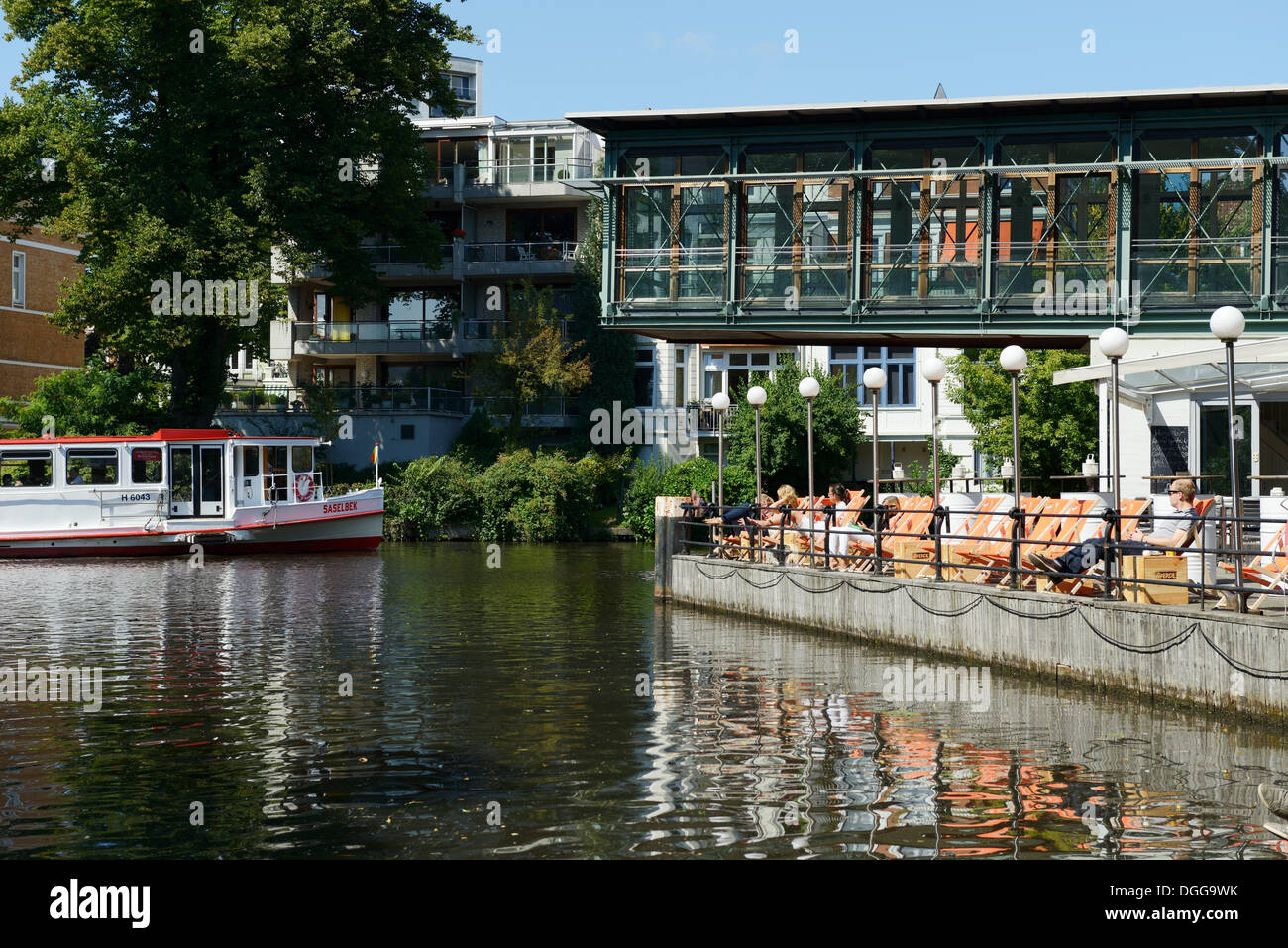 Alster river steamer on the Osterbekkanal canal, Muehlenkamp pier ...