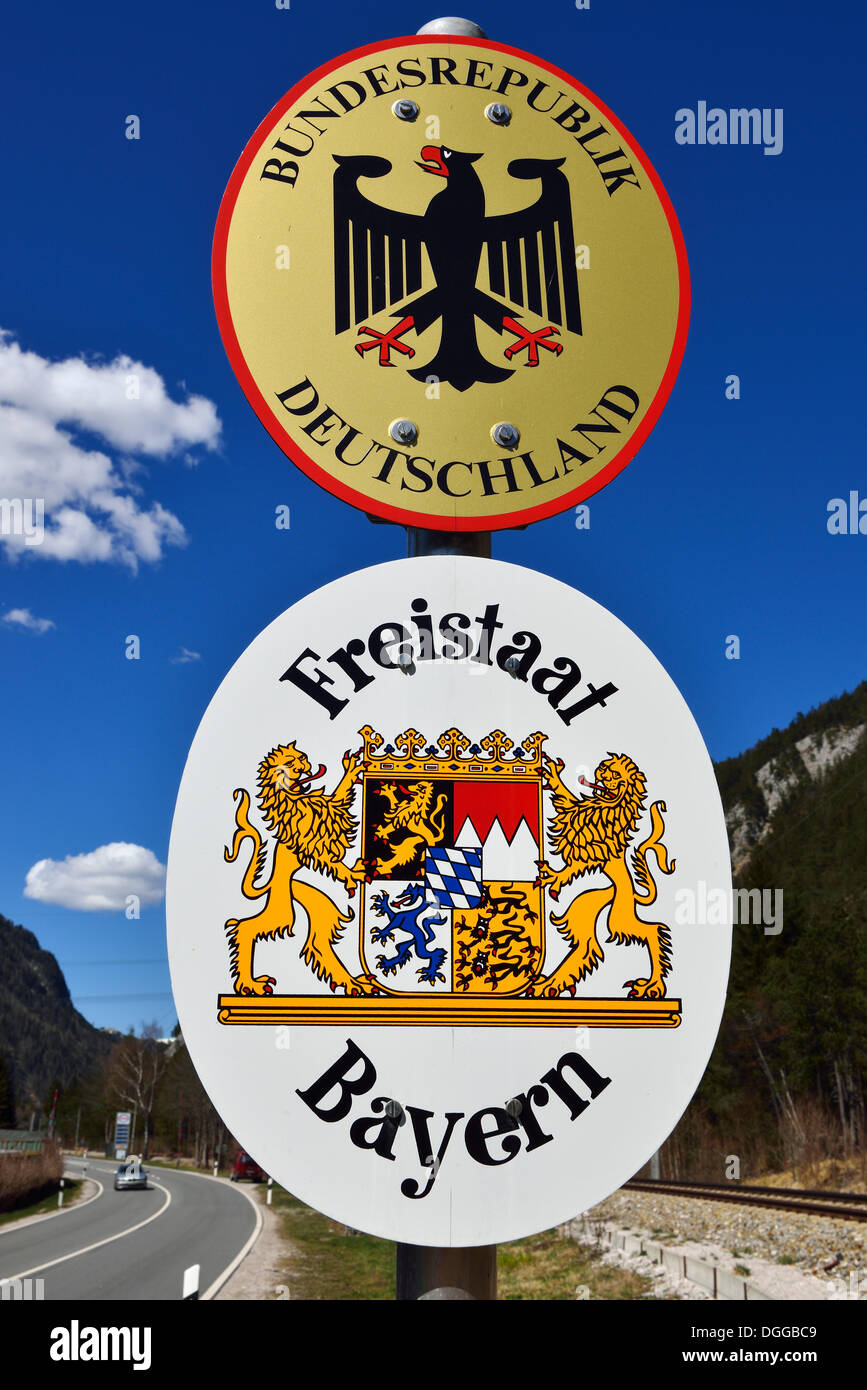 Border sign for Federal Republic of Germany and Bavaria, Mittenwald ...