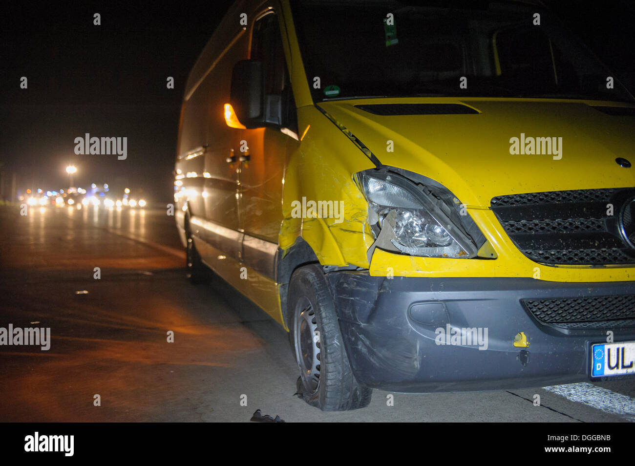 Accident scene on the A8 motorway, a van damaged at the front ...