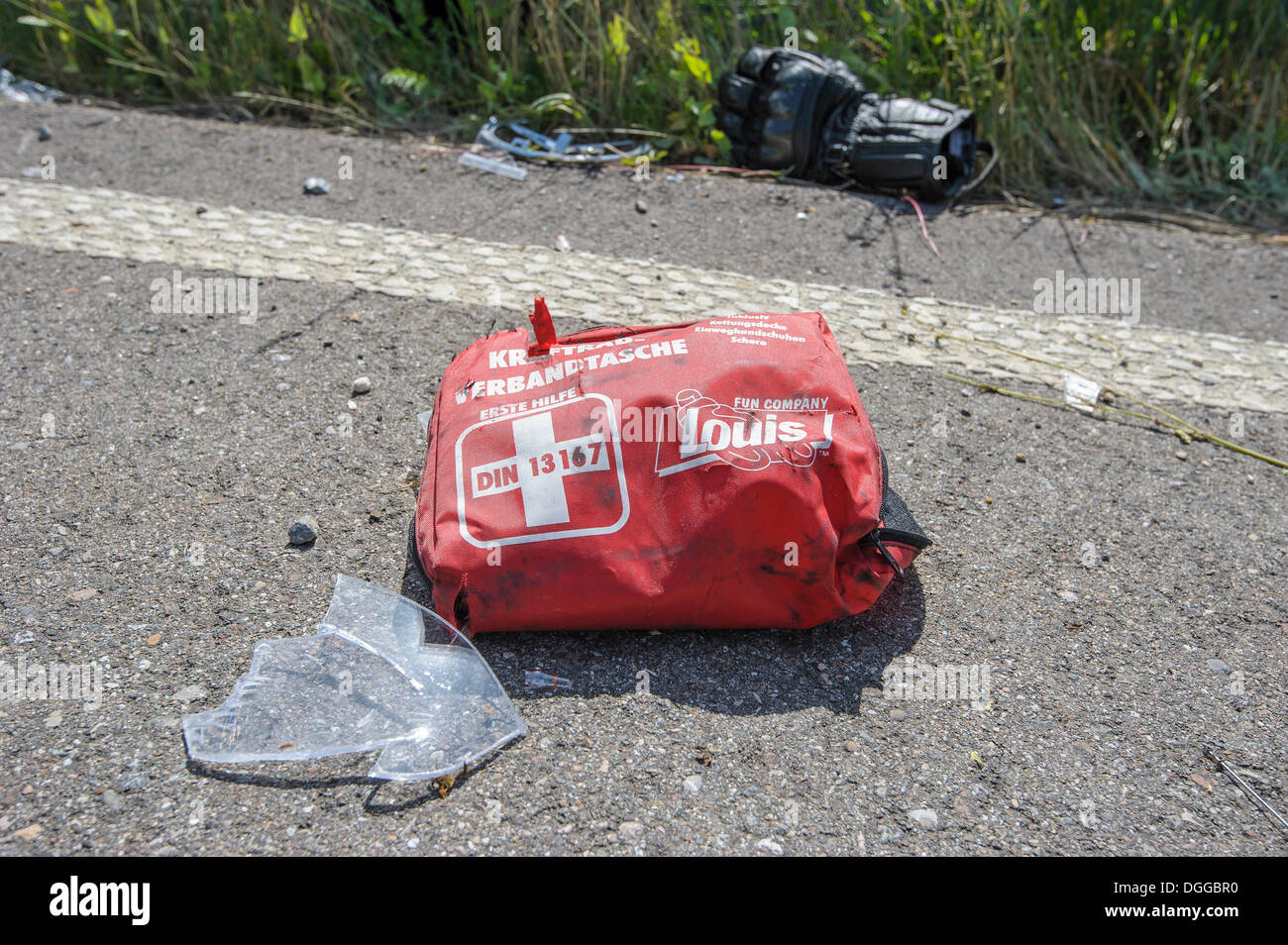 First aid bag lying on the ground, crash site, Baden-Wuerttemberg Stock ...