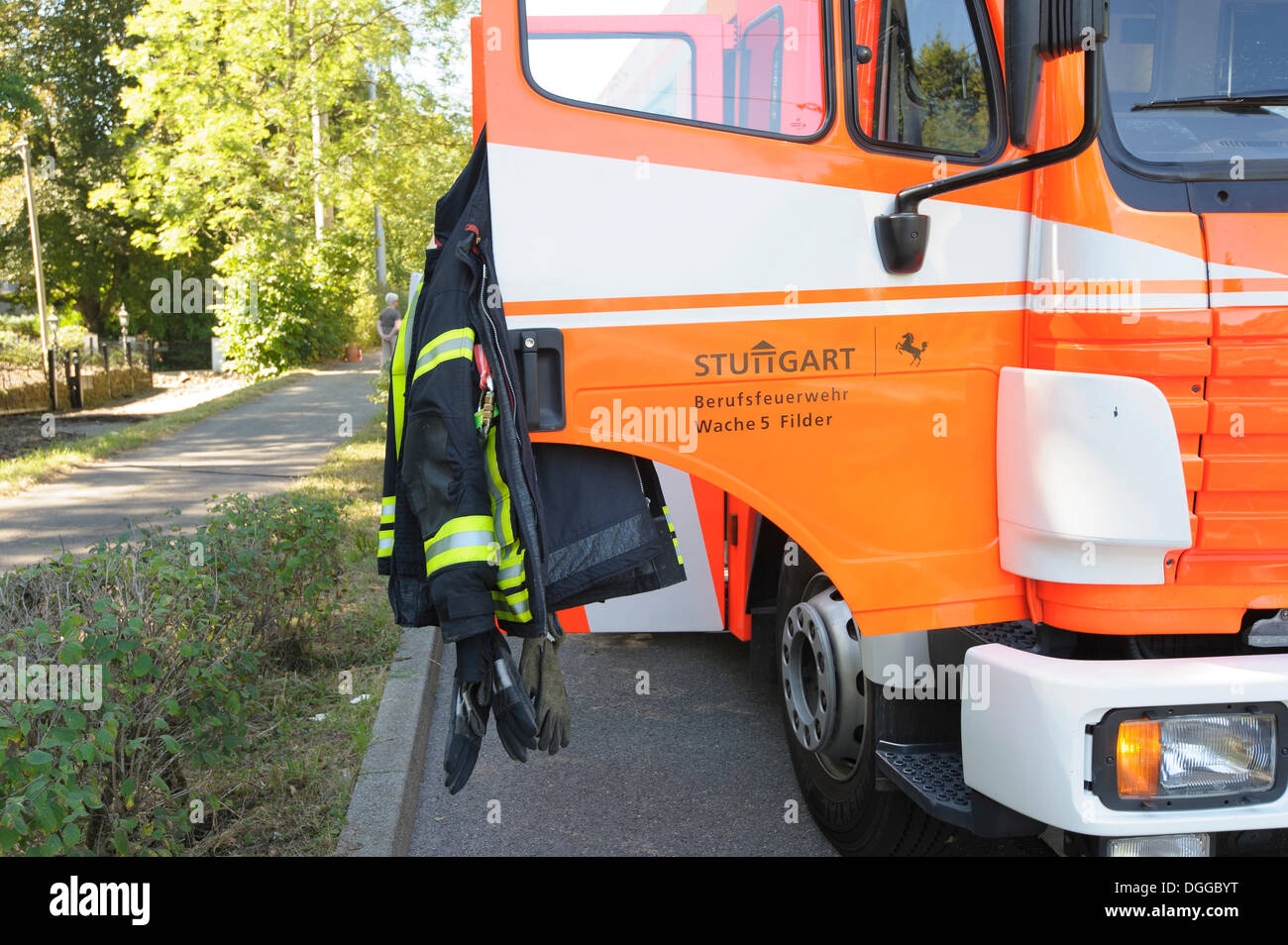Firefighter's jacket hanging on a fire engine of the Stuttgart Fire ...