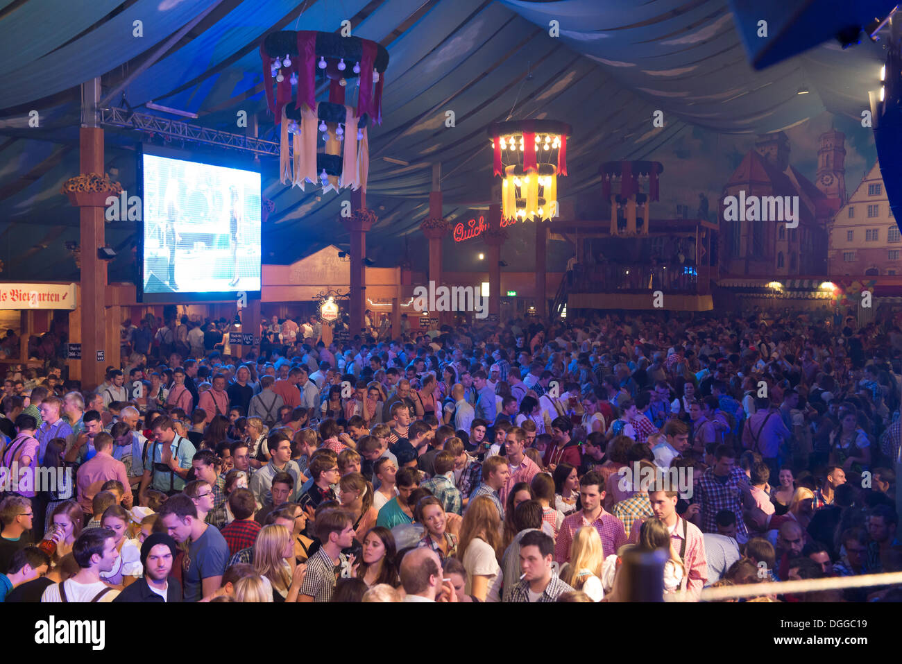 Party in a beer tent, Cannstatter Wasen fairground, funfair, Bad ...