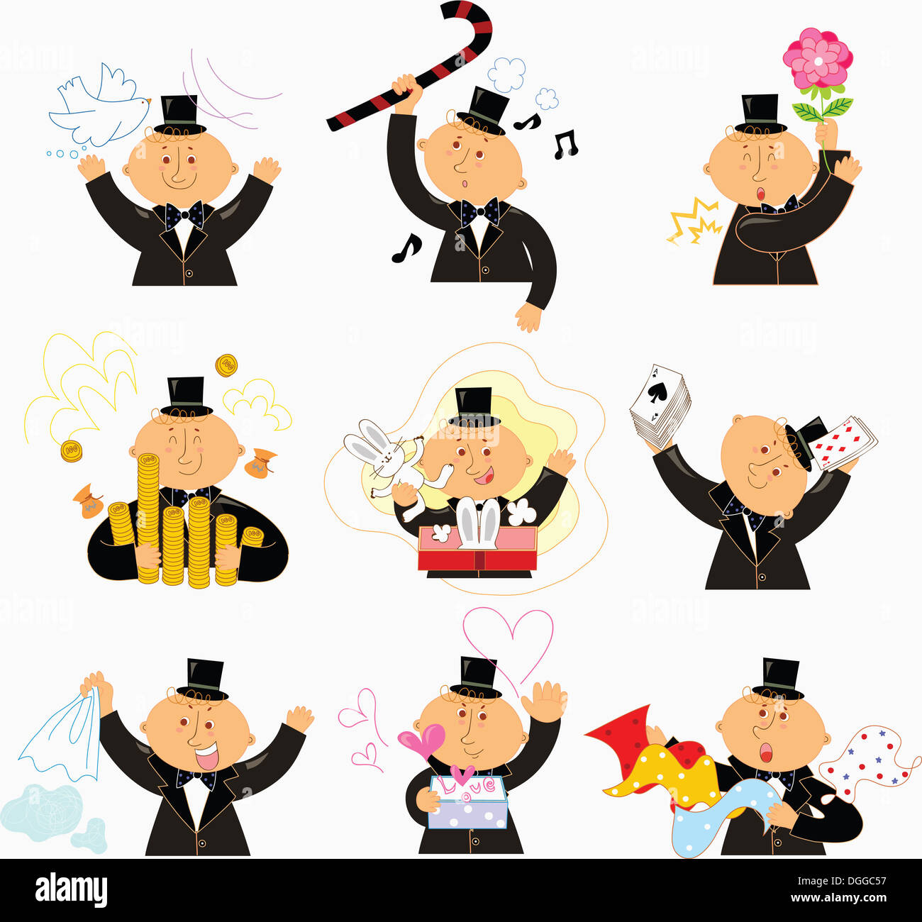 an illustration of a magician doing different tricks Stock Photo - Alamy