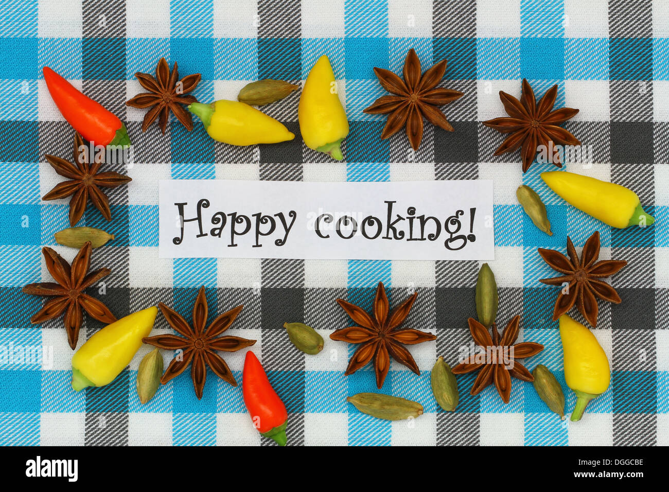 Happy cooking card with spices and chilies Stock Photo - Alamy