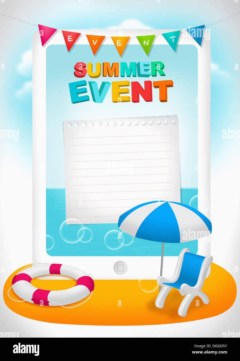 an illustration of a beach with a summer event note Stock Photo - Alamy