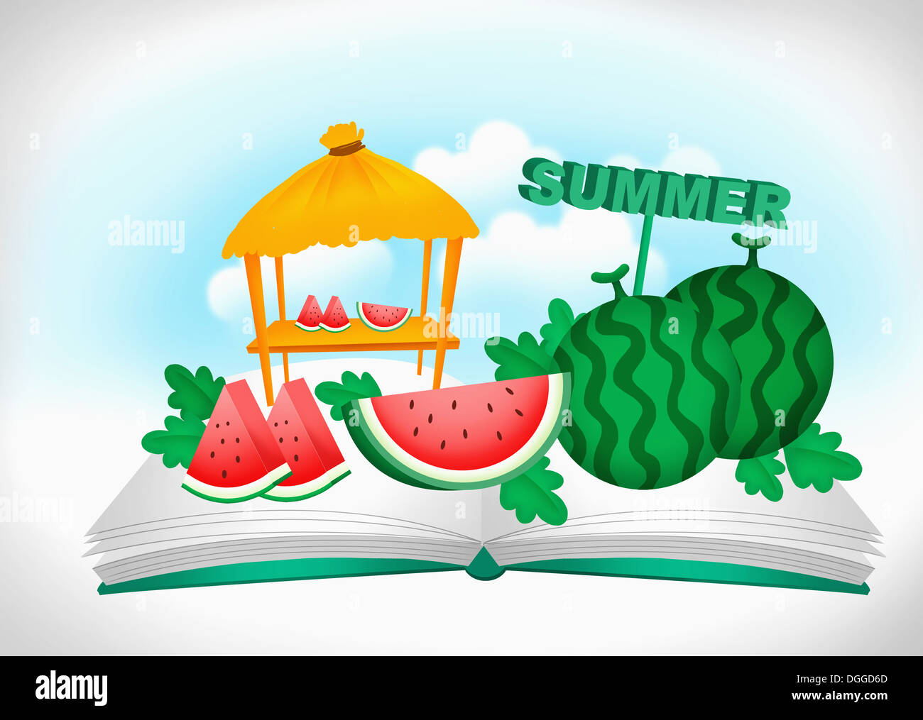 an illustration of a book and watermelons with the word summer Stock ...