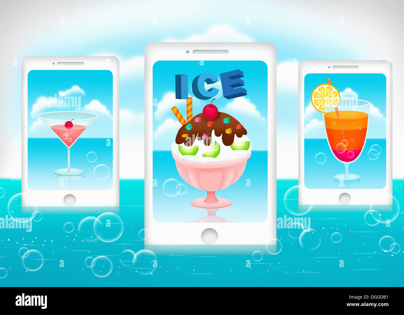 an illustration of screens with summer related objects Stock Photo - Alamy