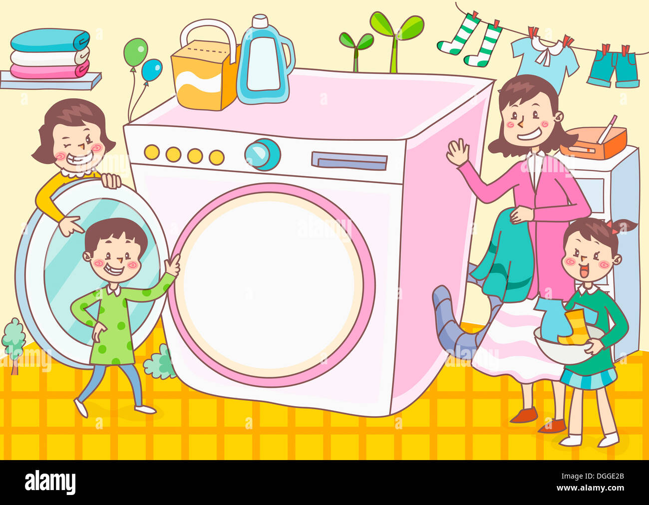 an illustration of a family with a washing machine Stock Photo - Alamy