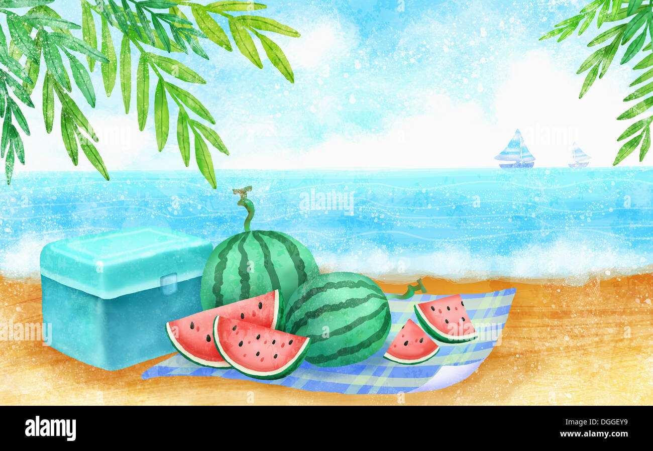 an illustration of watermelons on a beach Stock Photo - Alamy