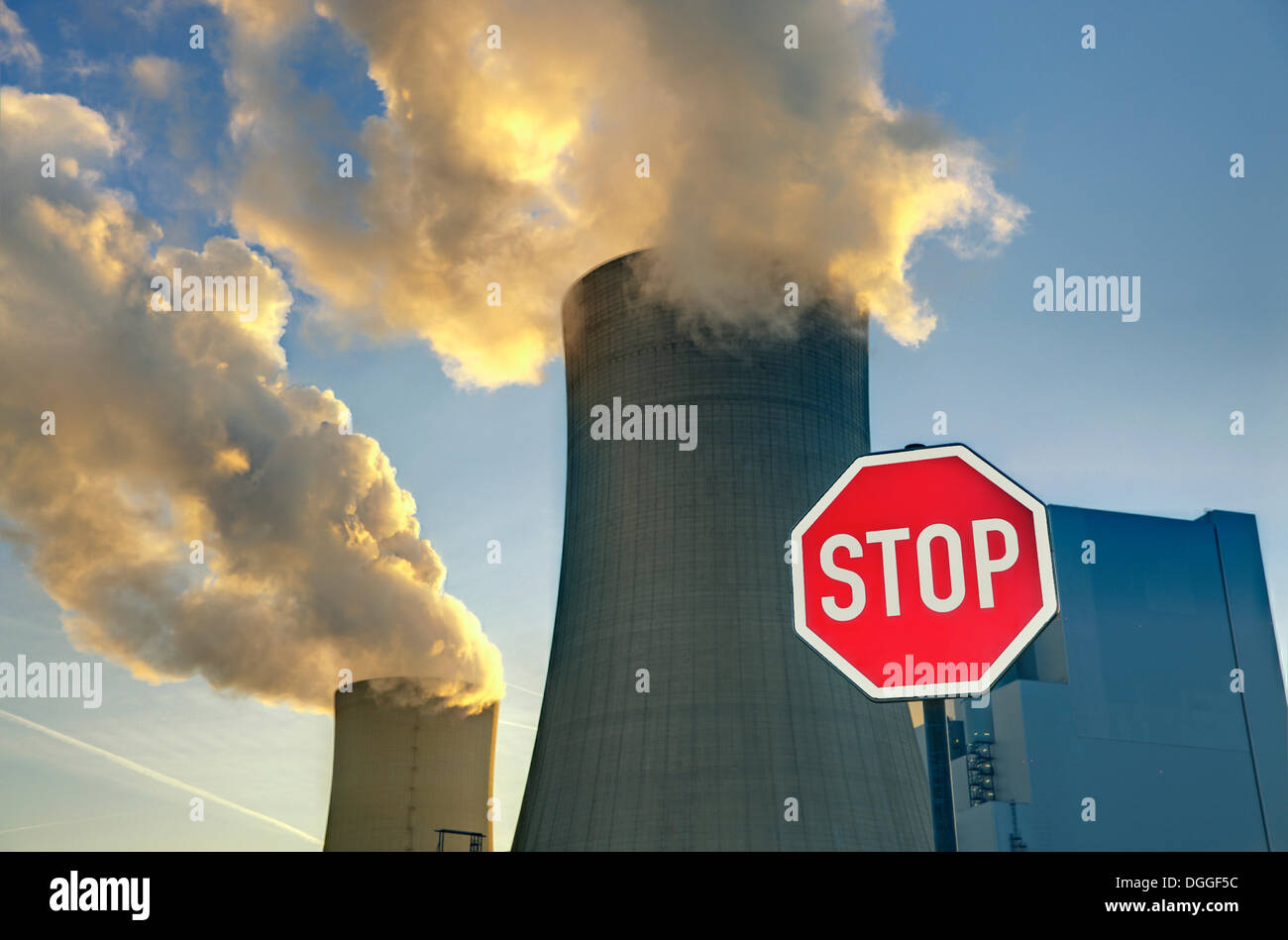 Stop sign, cooling towers of Braunkohlekraftwerk Neurath, lignite-fired ...