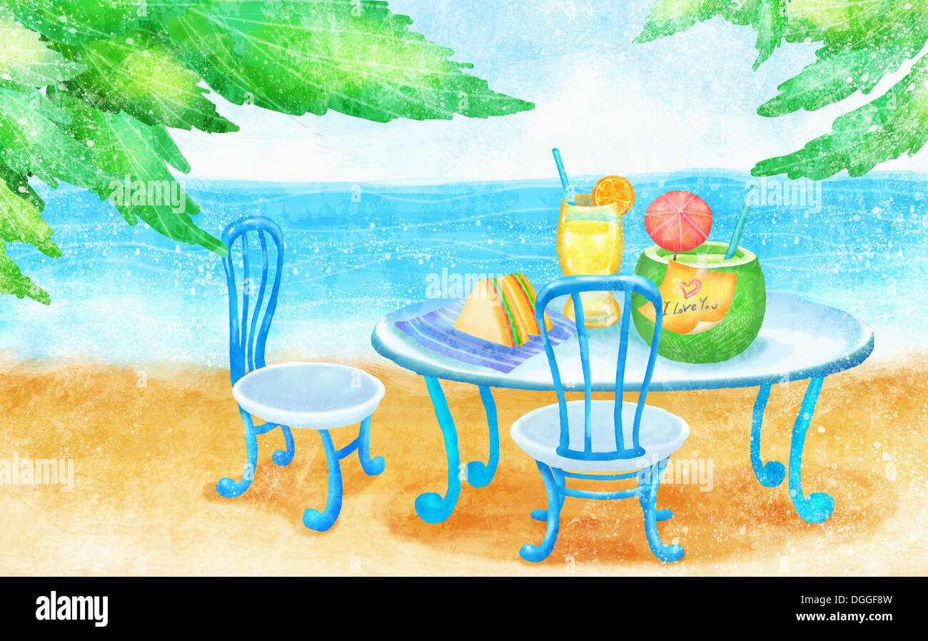an illustration of a table and chairs on a beach Stock Photo - Alamy