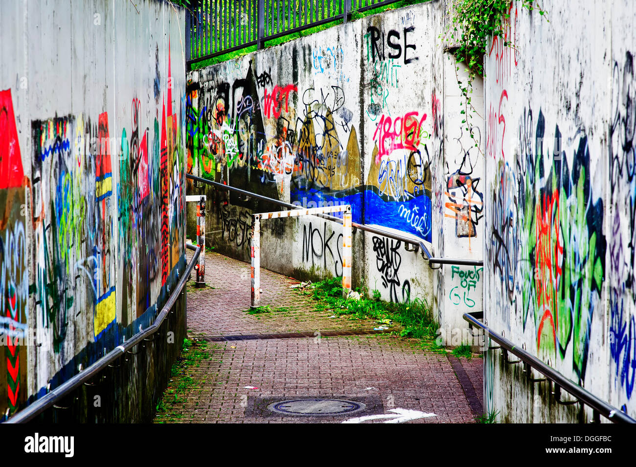 Walls of a tunnel underpass defaced with graffiti, Grevenbroich, North ...