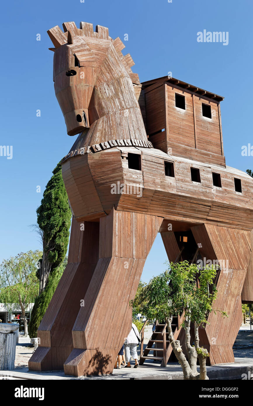 Replica of a Trojan horse at the entrance to the archaeological site of ...