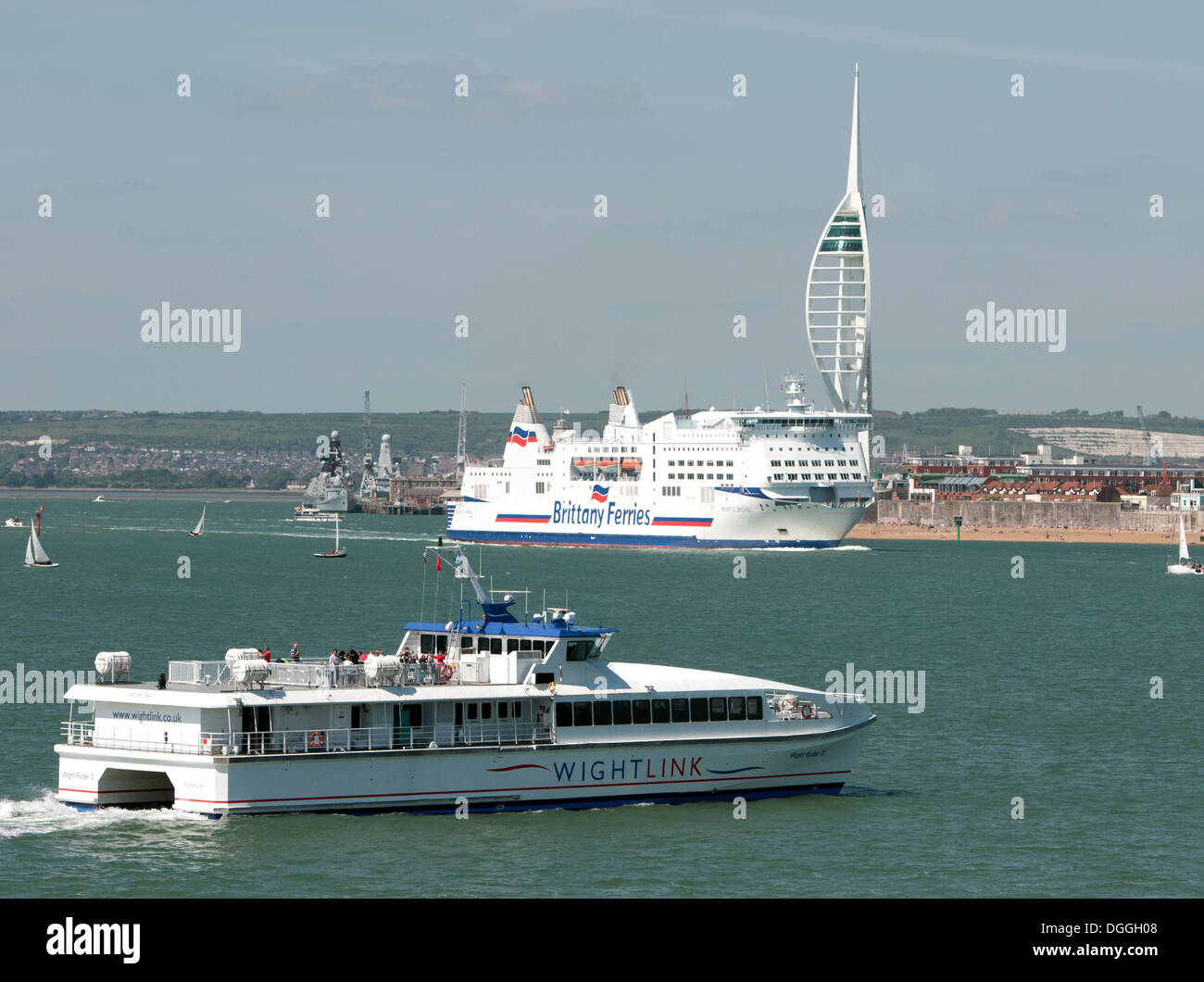 Brittany Ferries ship, the Mont St. Michel, passing the Spinnaker Tower, with Wightlink Wight ...
