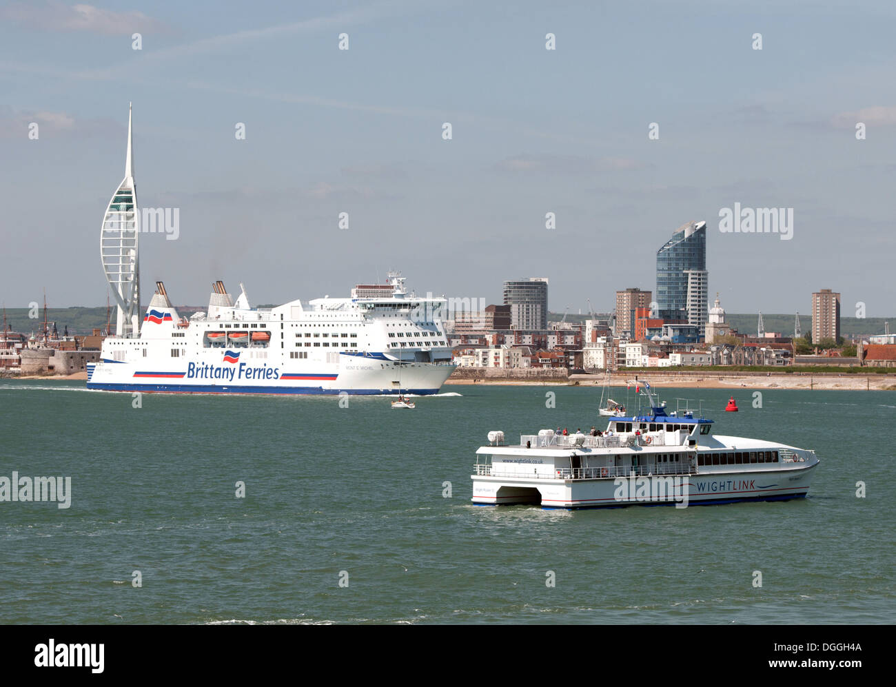 Brittany Ferries ship, the Mont St. Michel, sails from Portsmouth, England, for France, passing ...