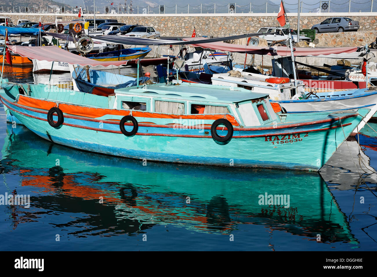 Fishing boats in the port of Alanya, Antalya, Turkish Riviera, Turkey ...