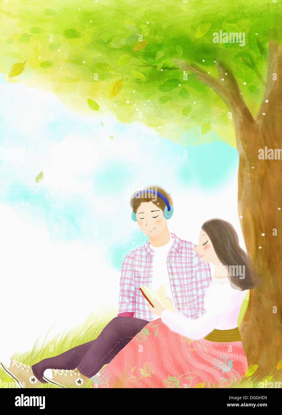 an illustration of a couple under a tree Stock Photo - Alamy