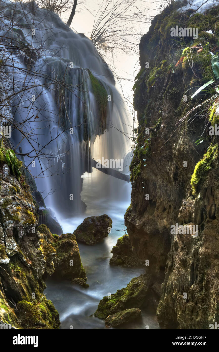 Waterfall, gorge at the river mouth of the Slunjčica river into the ...