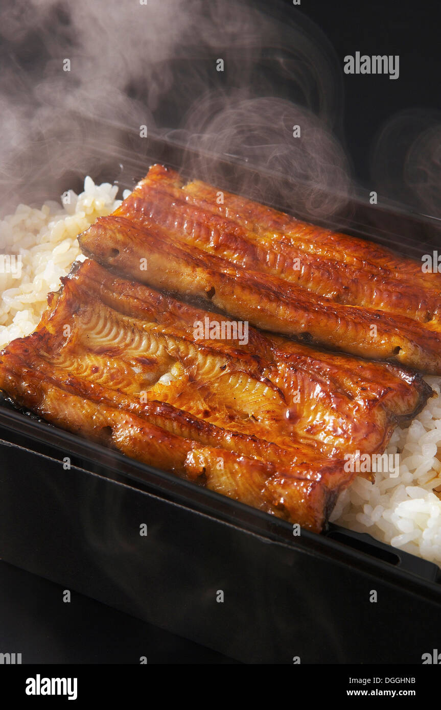 Still life with steamed white rice and fish Stock Photo - Alamy