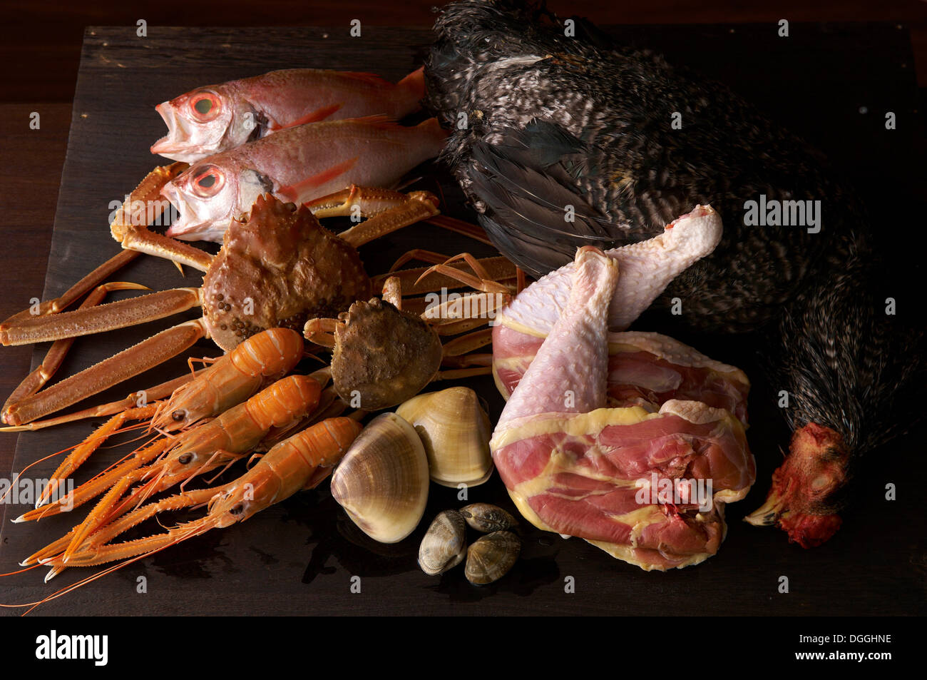 Still life with selection of seafood and chicken Stock Photo - Alamy