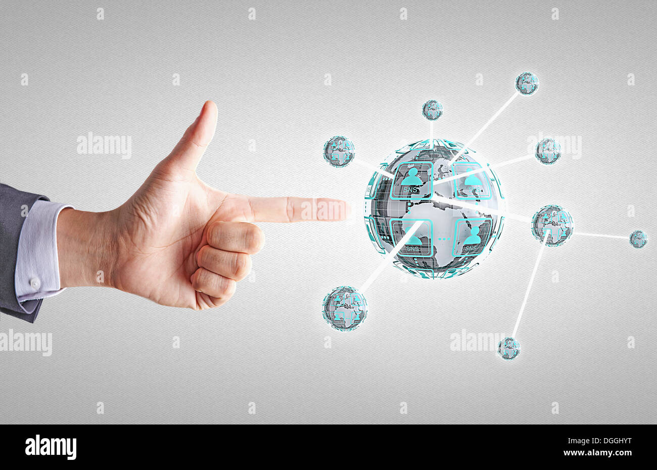 a man pointing at a globe with a network Stock Photo - Alamy