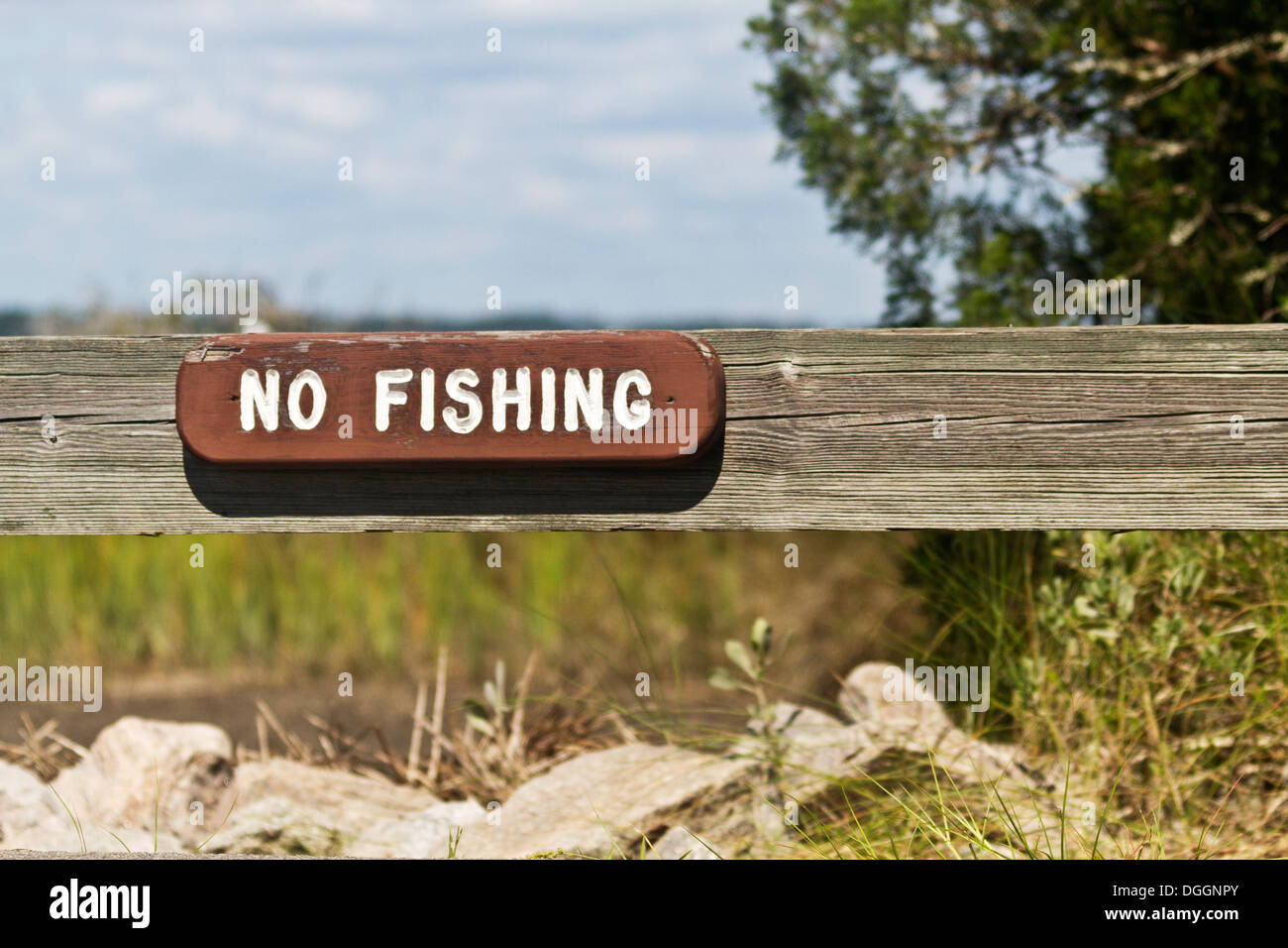 Wooden No Fishing sign with white letters on fence board is worn by ...