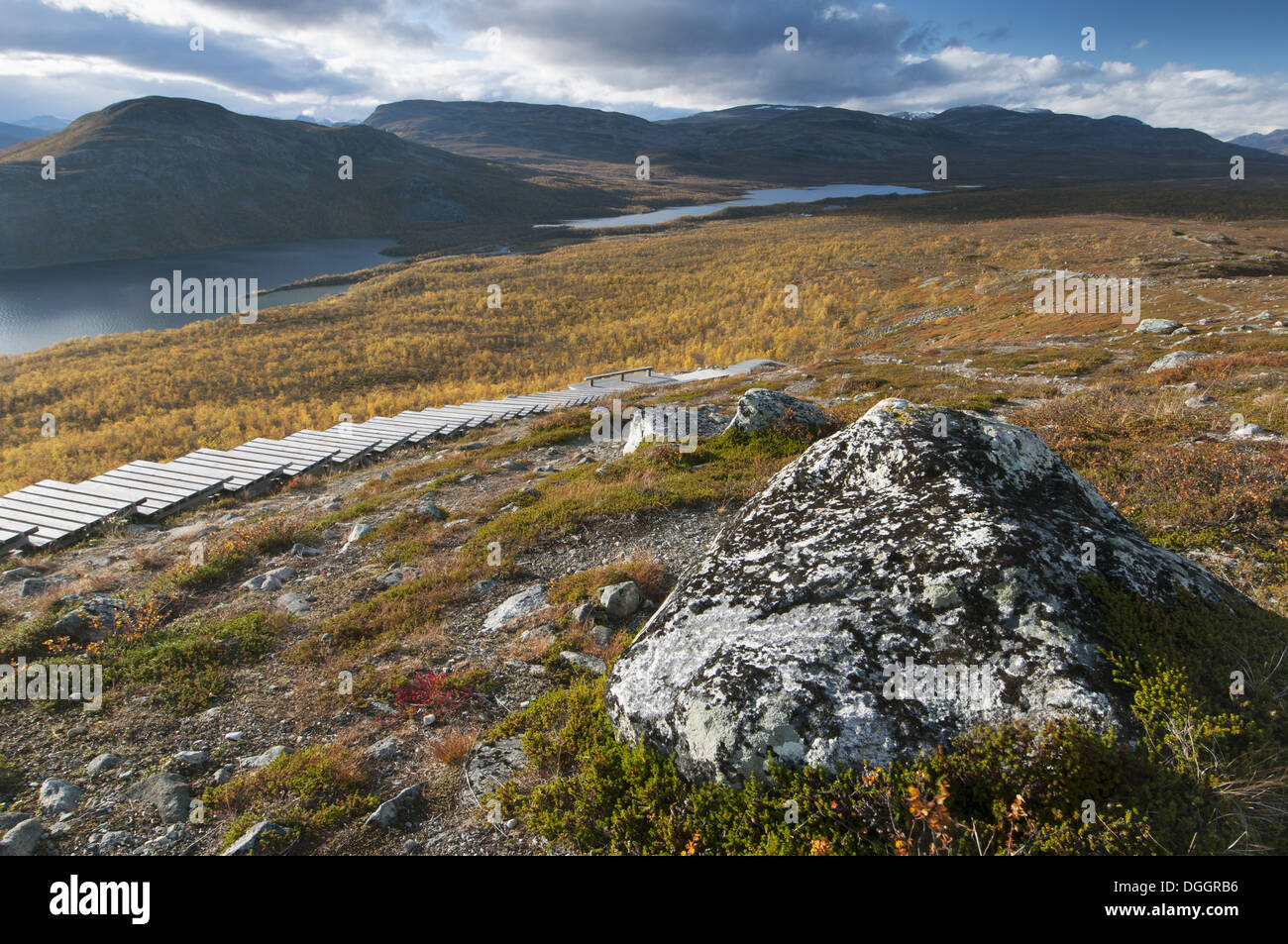 Rock and wooden steps leading to summit of fell Malla Strict Nature ...