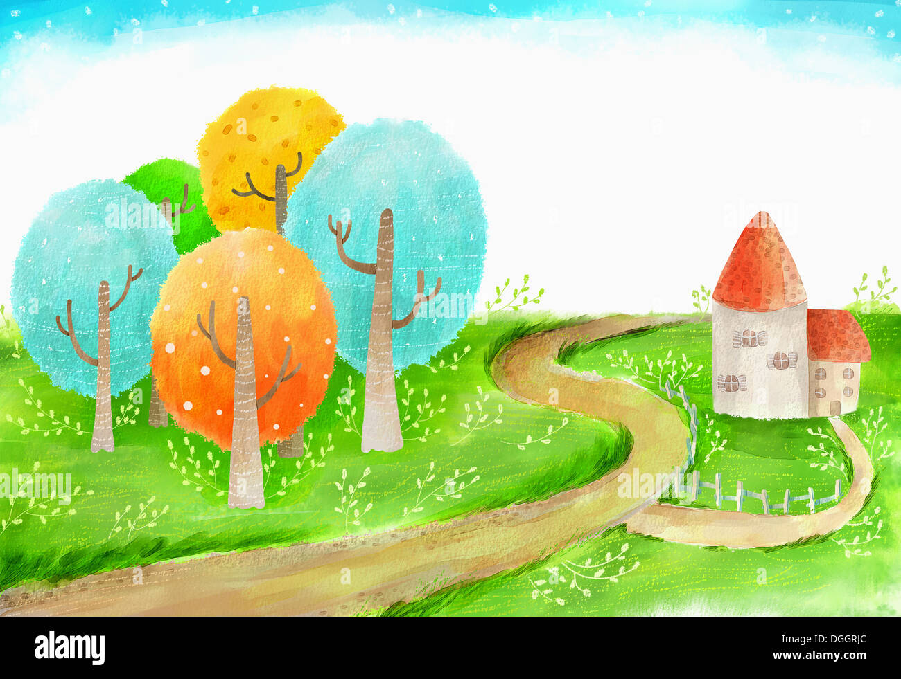 an illustration of a building next to trees Stock Photo - Alamy