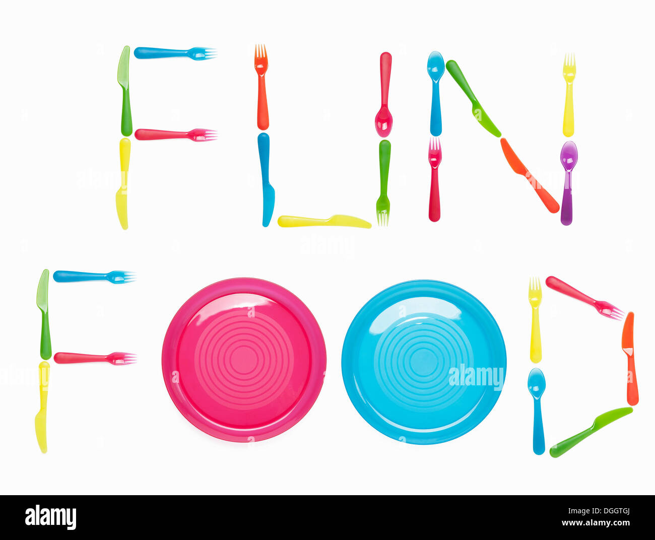FUN FOOD written with plastic cutlery and plates Stock Photo - Alamy