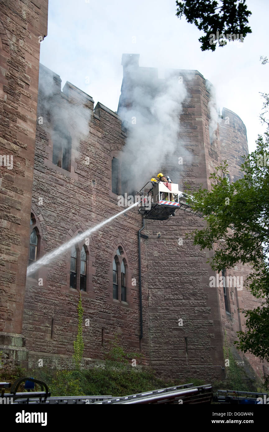 English Castle on Fire Firefighters Engines Trucks Big Fire Stock Photo ...