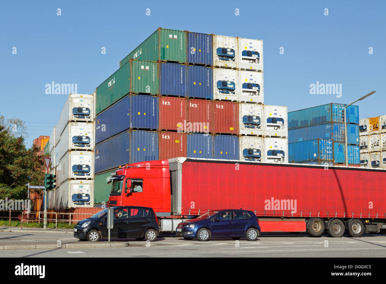 piled up containers and container truck, Wilhelmsburg, Hamburg, Germany ...