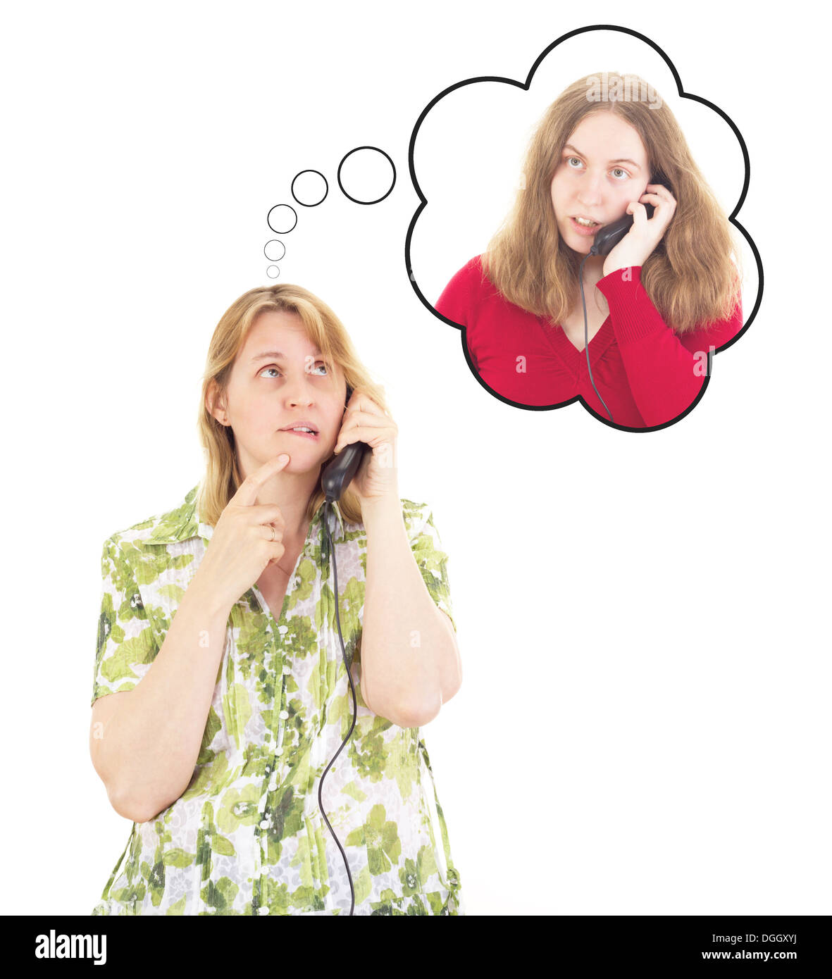 Daughter calling worried mother Stock Photo - Alamy