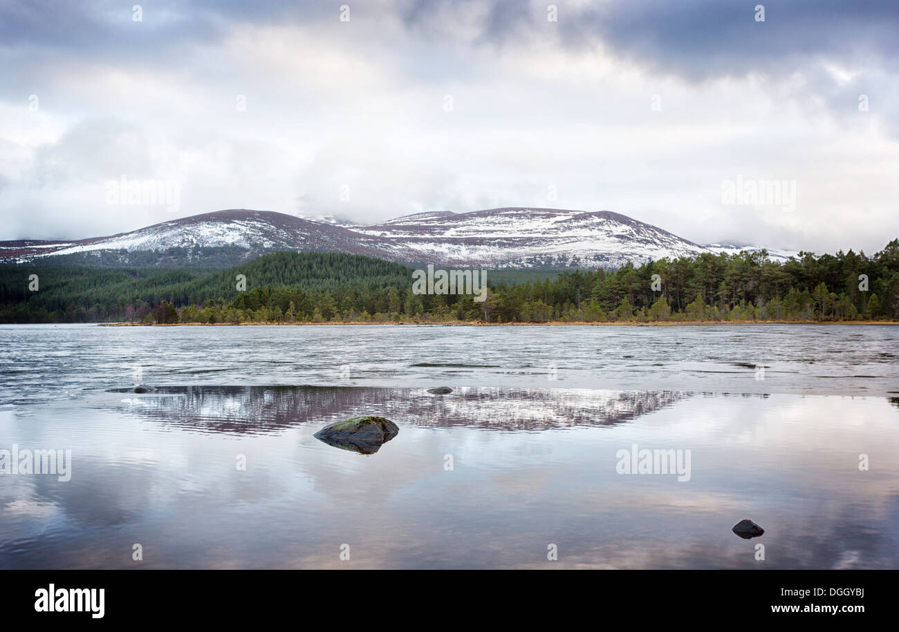 Loch Morlich in winter with frozen lake and snow, Cairngorms National ...