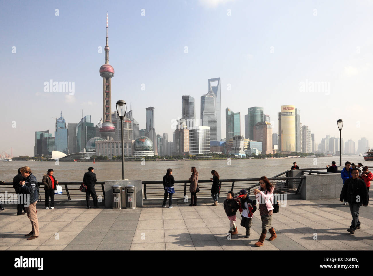 Promenade at the Bund and skyline of Pudong in Shanghai, China Stock ...