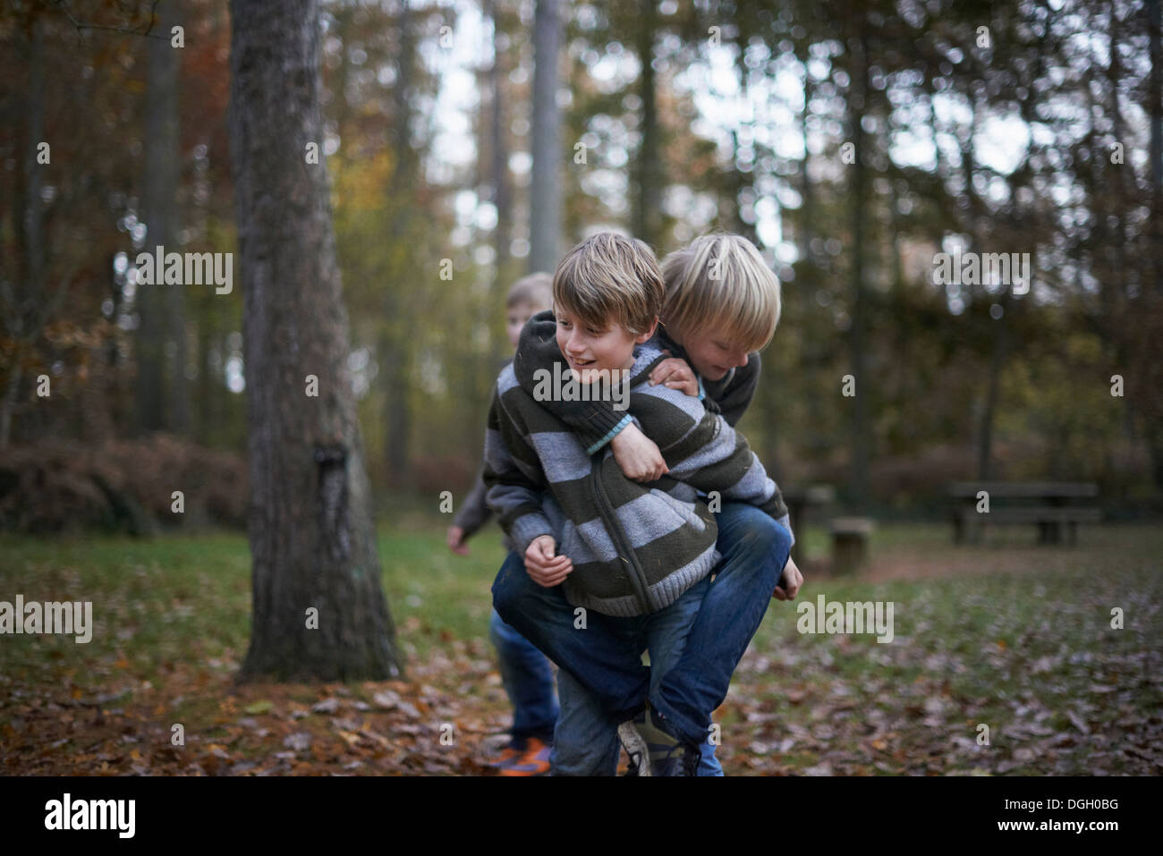 Boy giving friend a piggyback through forest Stock Photo - Alamy