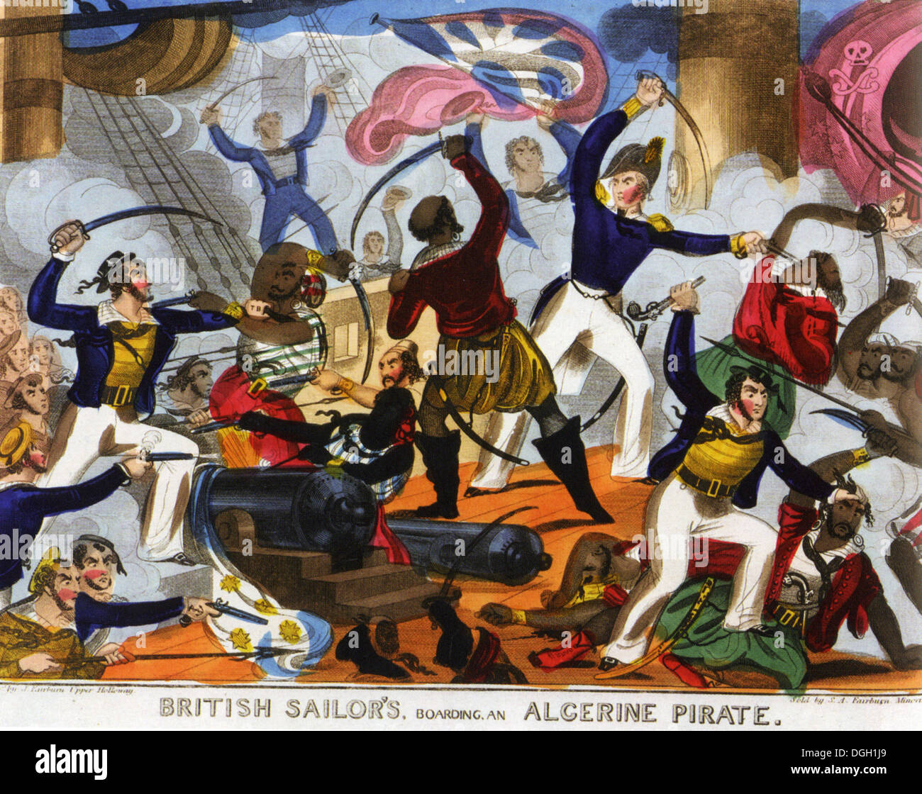 BRITISH SAILORS BOARDING AN ALGERINE PIRATE engraving about 1820 Stock ...