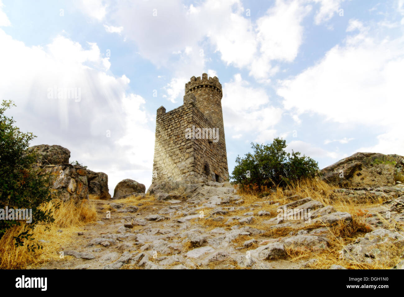 Down view of a medieval tower of a castle with the sun shining Stock ...