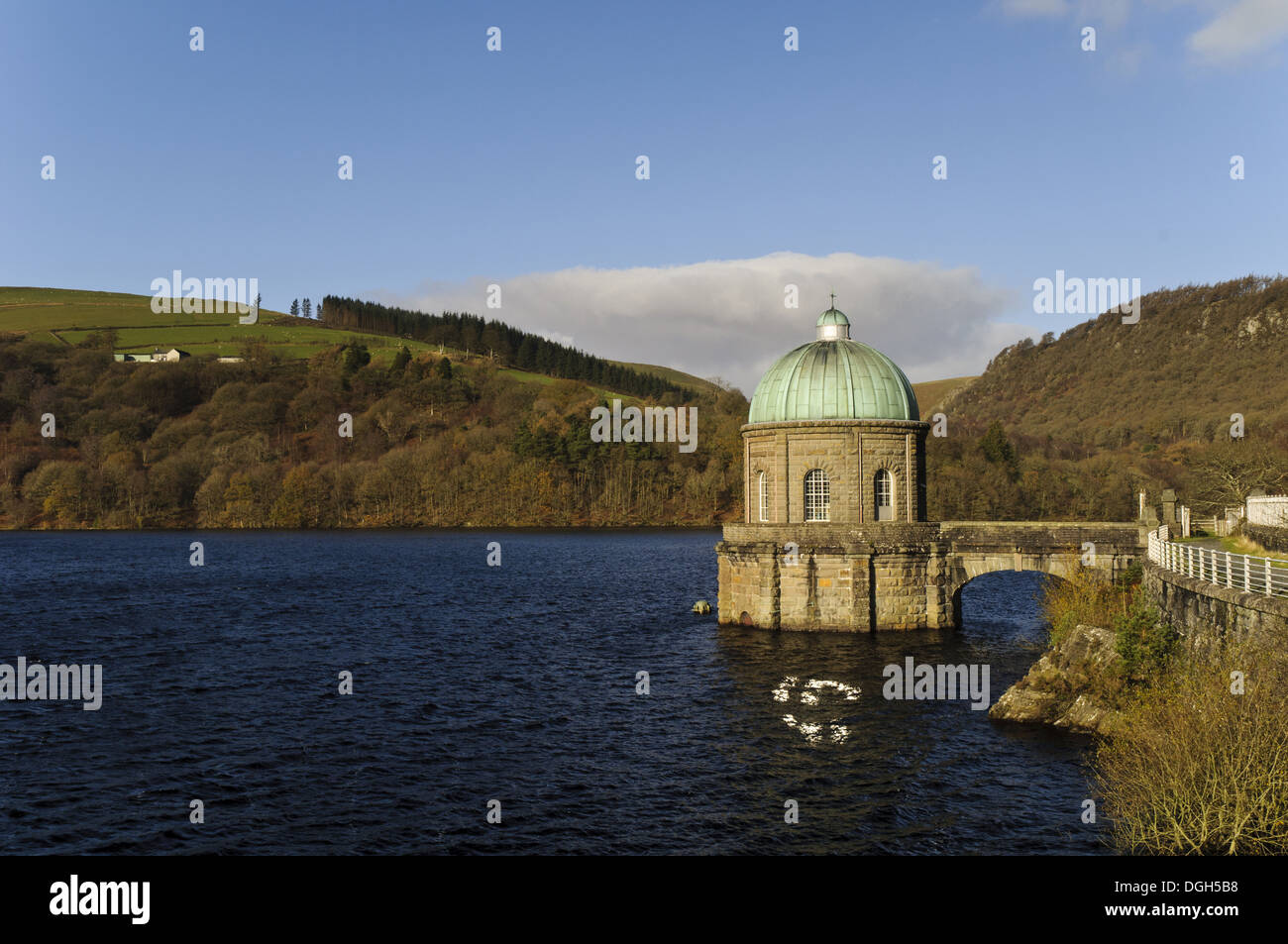 View of reservoir and building housing gravity-driven aqueduct Foel ...