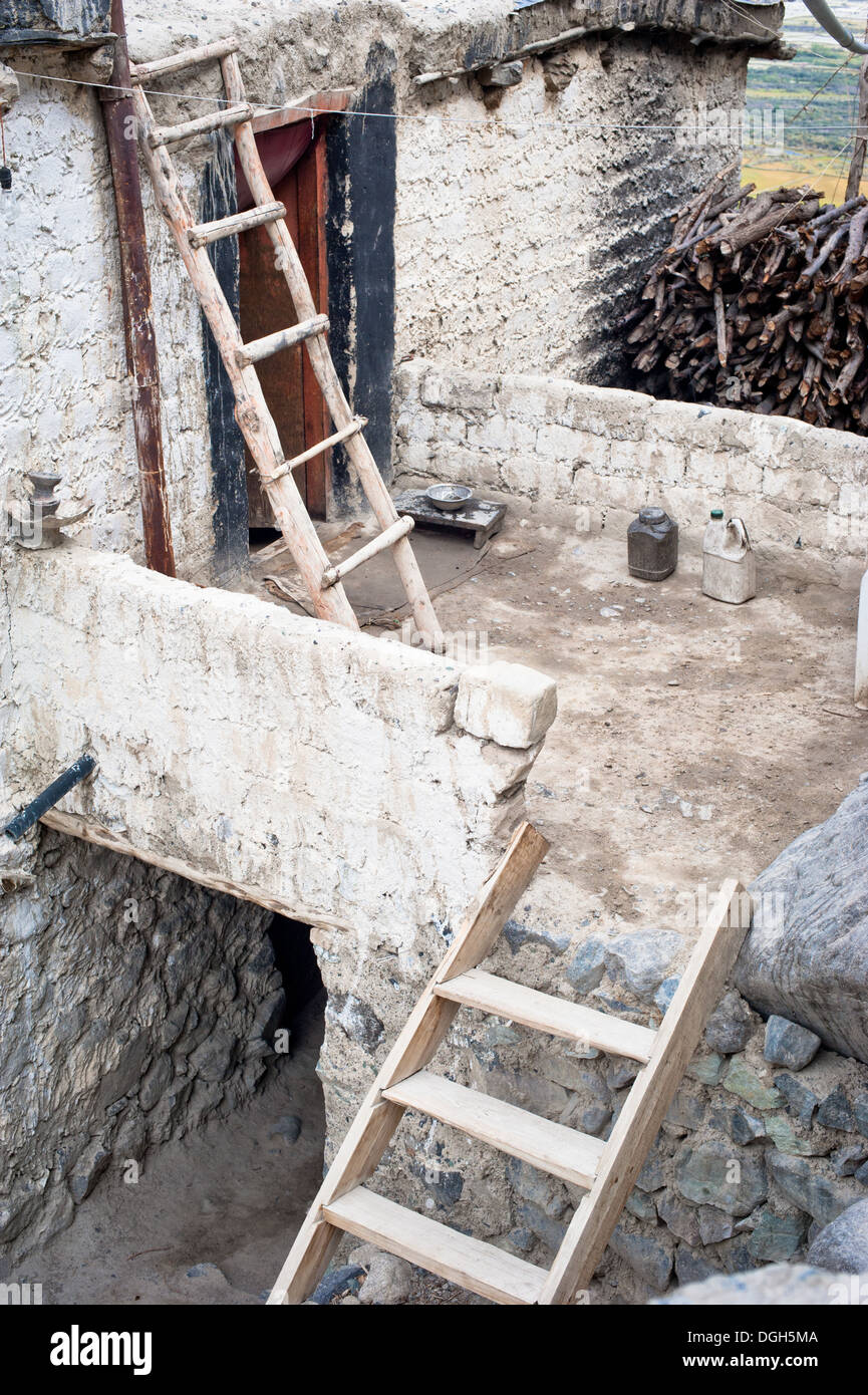 Small Tibetan village in mountains. India, Ladakh, Diskit monastery ...